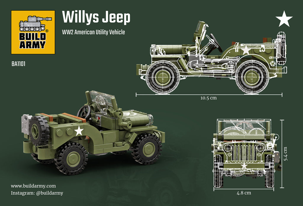Build Army Brick building model WW2 USA Willys MB Jeep Utility Vehicle ...